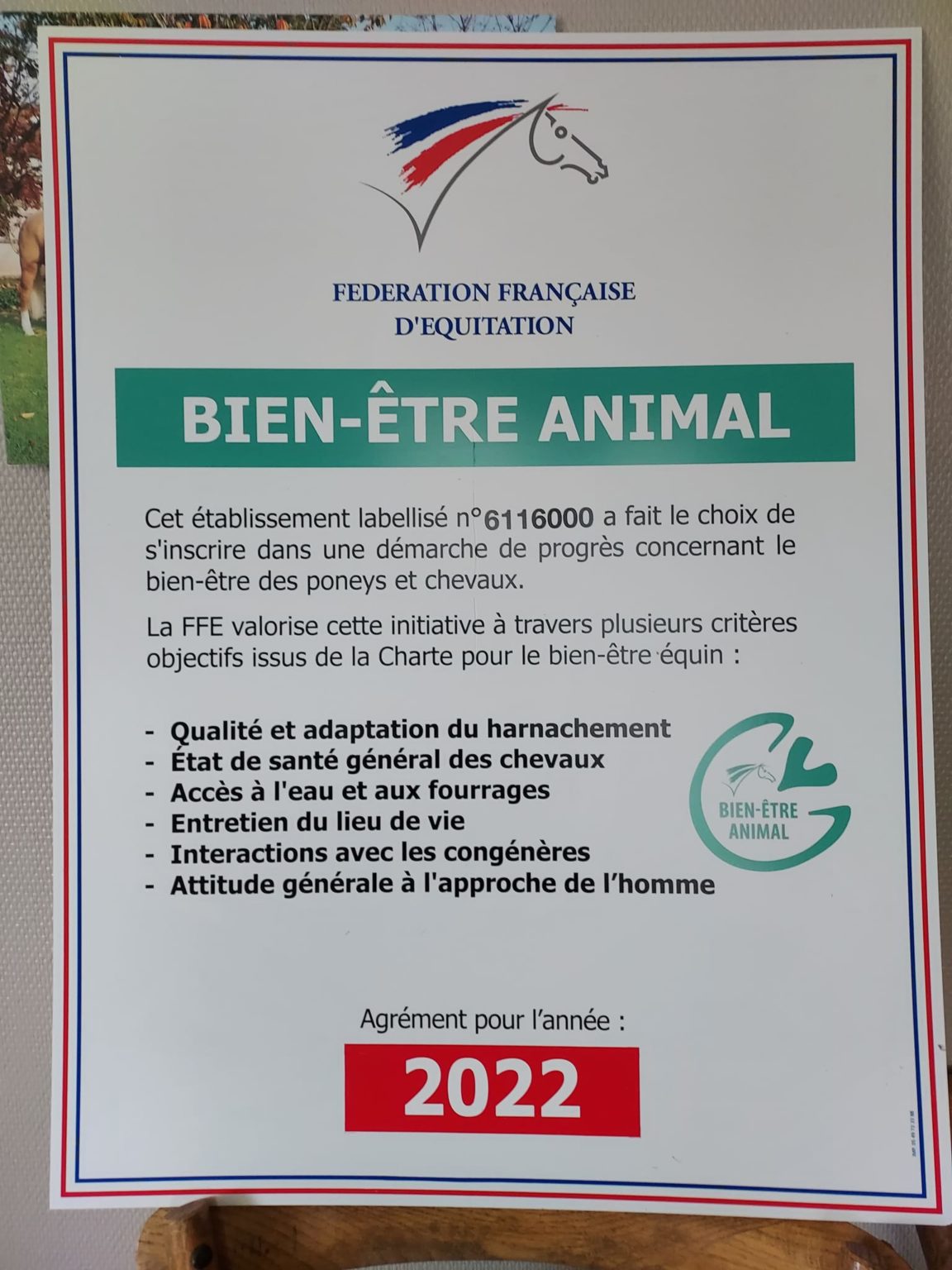Label FFE 2022 "Bien être animal" - Poney Club de Sainte Eugénie